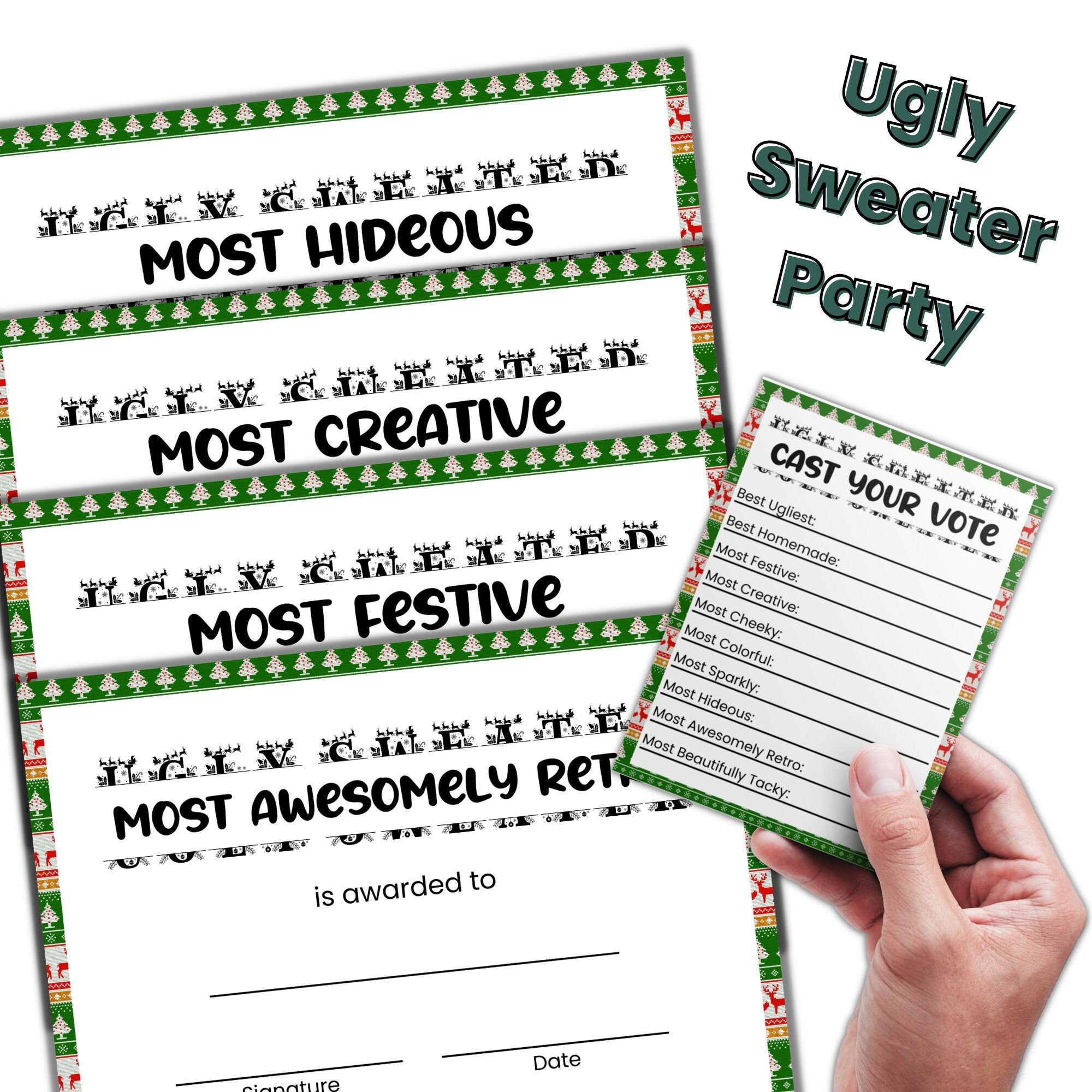 Ugly Sweater Award Certificates and Voting Cards, Christmas Ugly ...