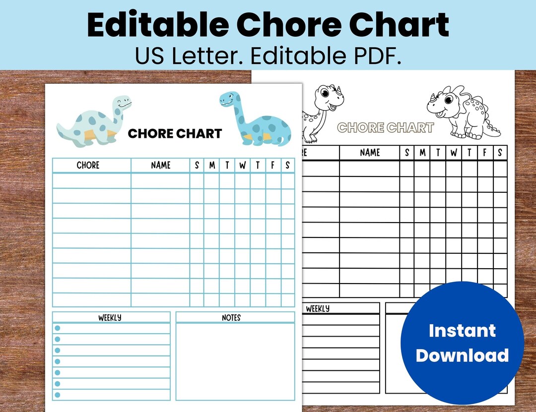 Editable Dinosaur Chore Chart for Kids Printable, Family Responsibility ...