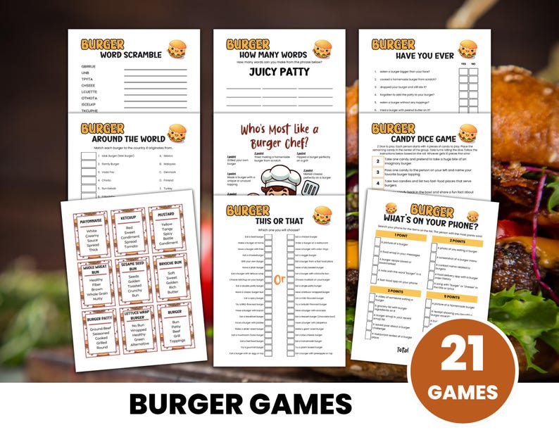 Burger Party Games Bundle, Burger Theme Backyard BBQ Games, Fastfood ...