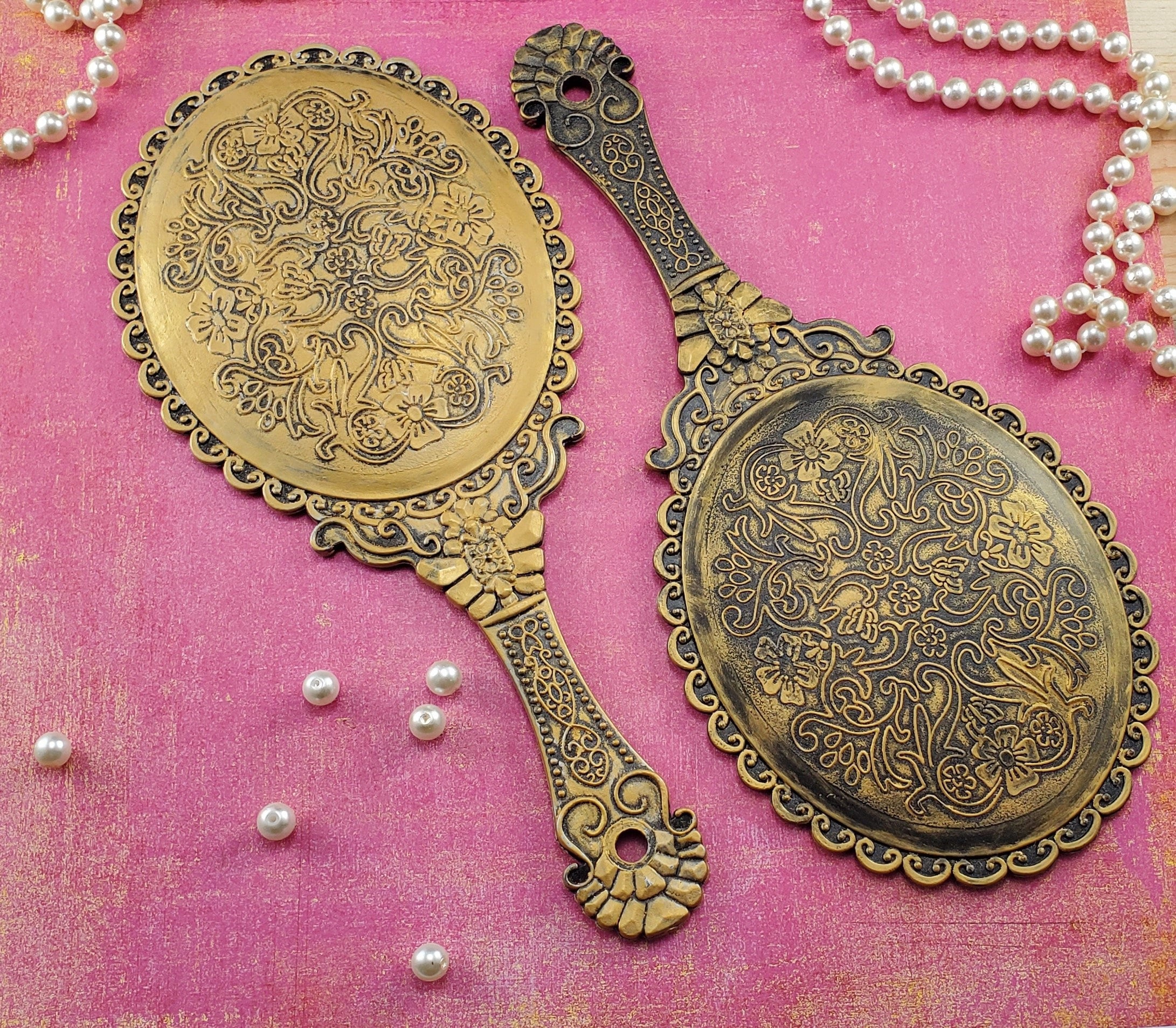 Plastic Fancy Handheld Mirror,metallic Hand Painted, Gold,silver, Blue ...