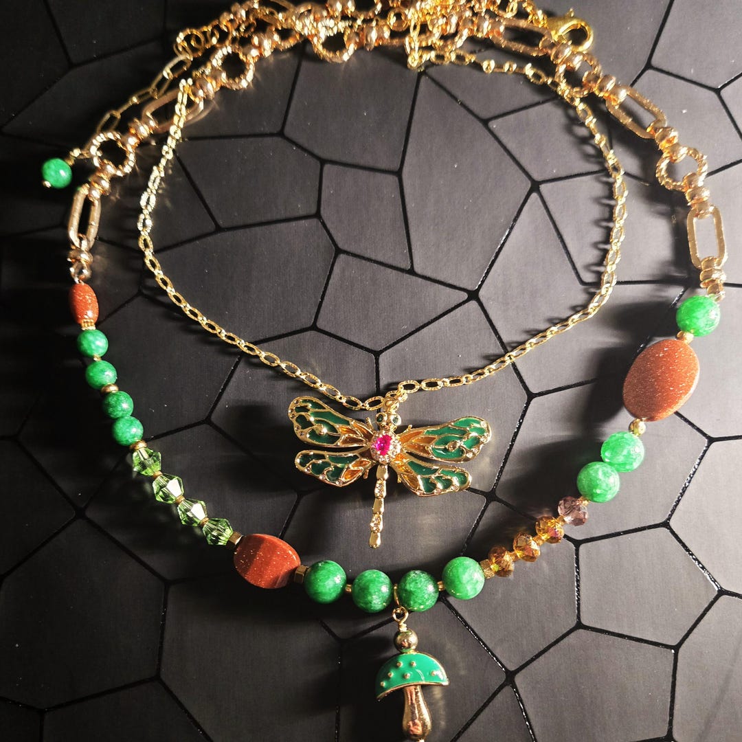 Layered Dragonfly Pendant Necklace: Green Agate & Gold Sand Beaded ...