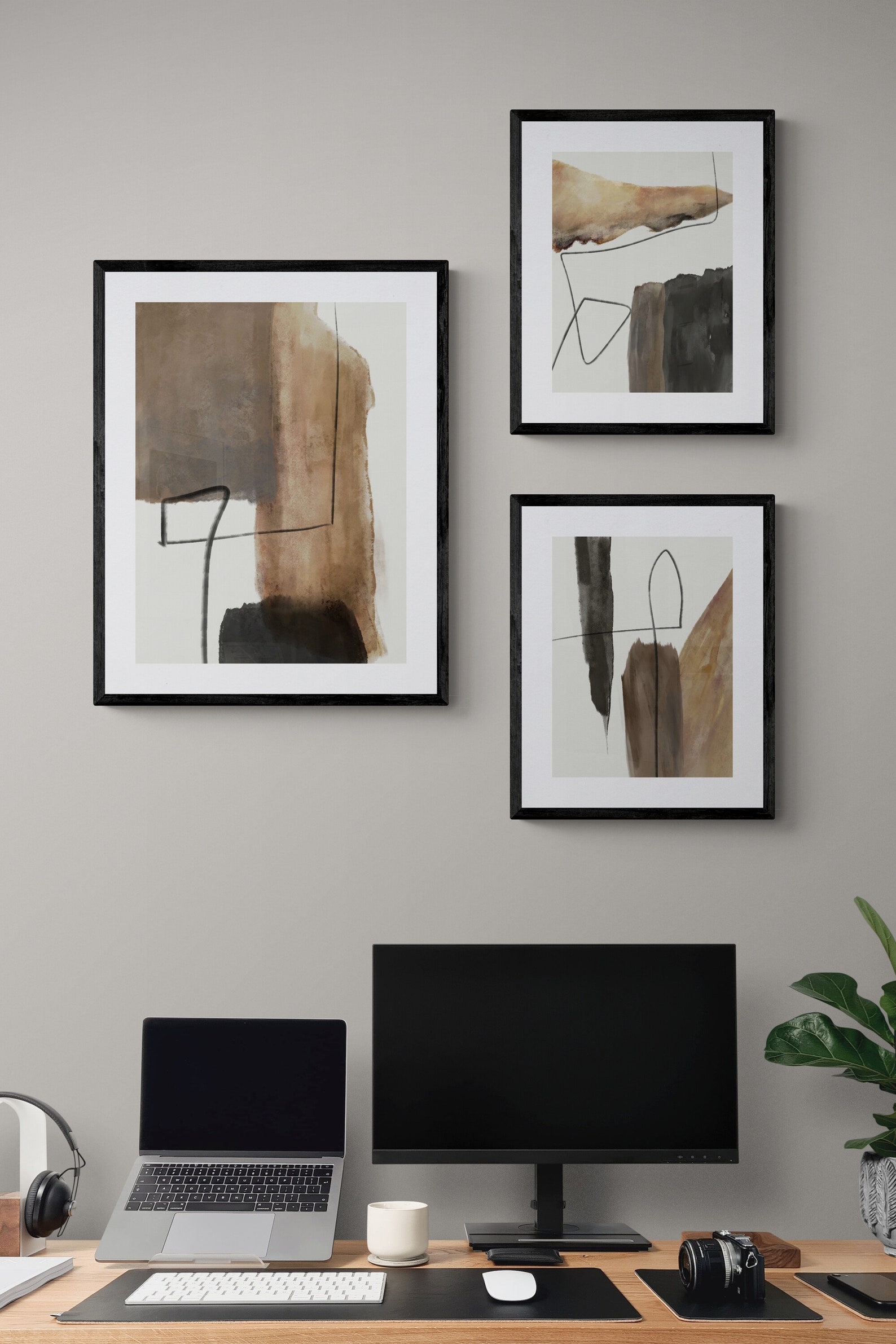Modern Simple Neutral Brush Stroke Wall Art, Set of 3 Black Brown ...