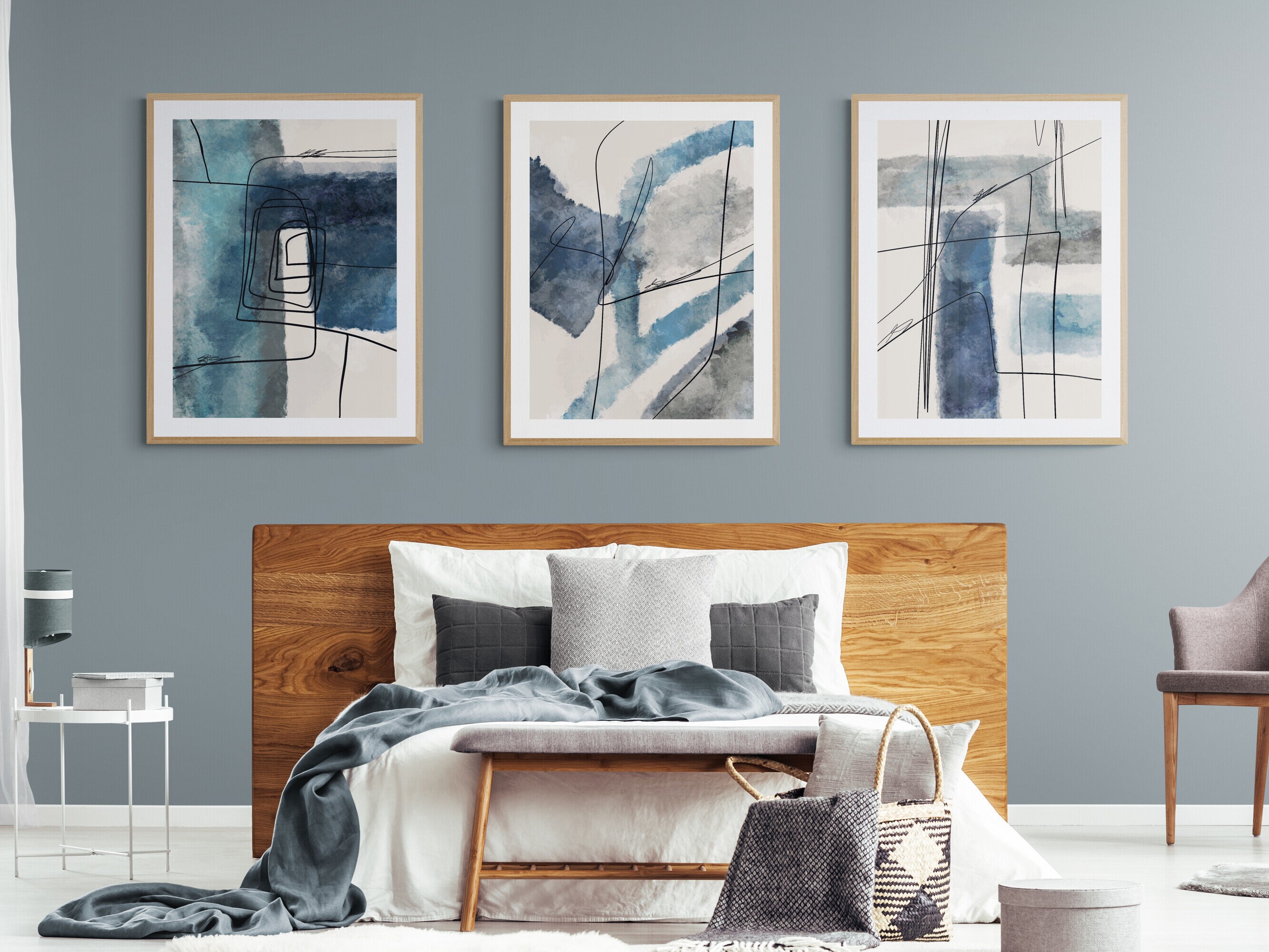 Modern Simple Blue Gray Gallery Wall Art Set of 3, Simple Abstract Art ...