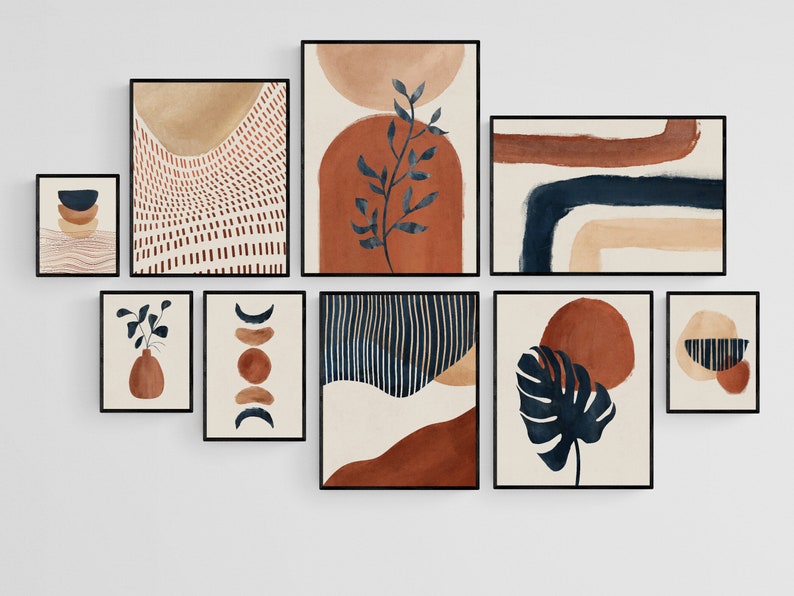 Modern Navy Terracotta Boho Gallery Wall Set of 9 Prints, Abstract ...