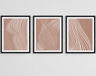 Set of 3 Abstract Line Art Drawing Poster Prints, 3 Piece Beige Neutral ...