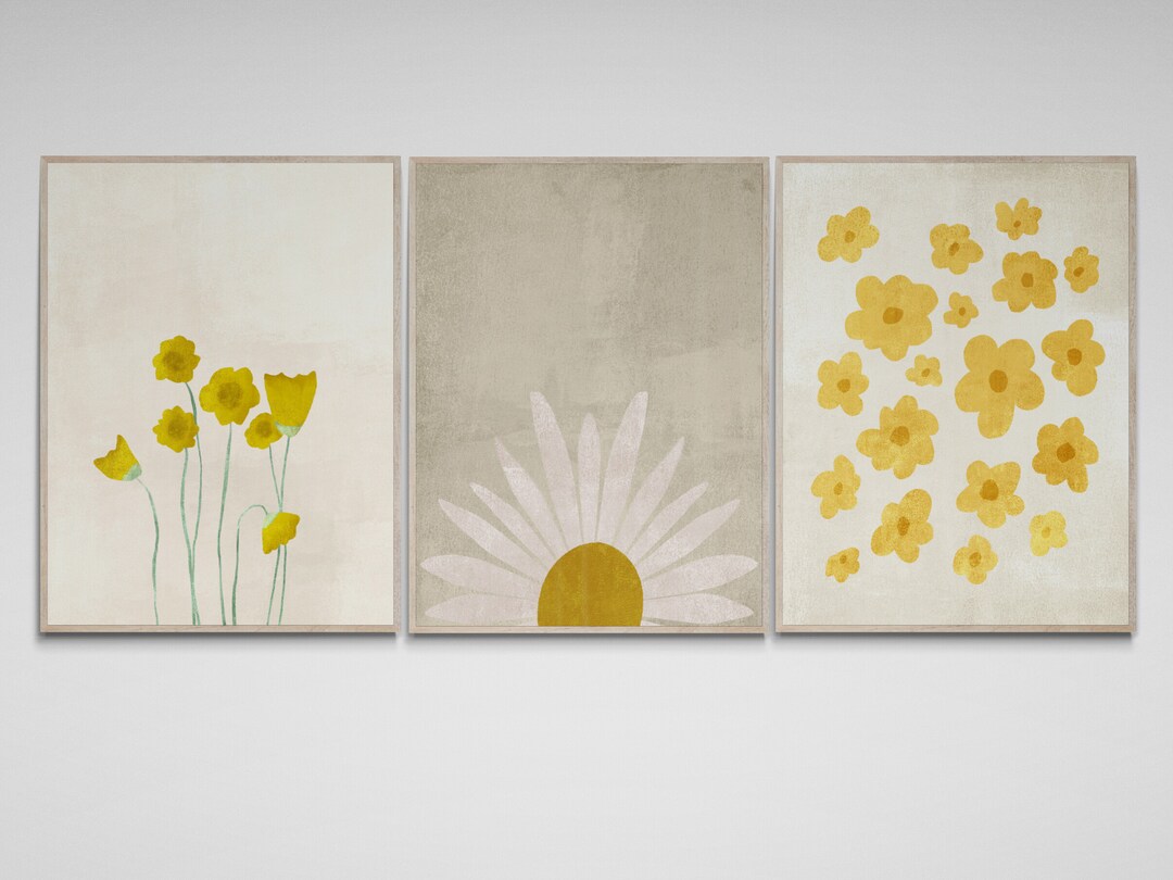 Yellow Floral Wall Art Set of 3 Boho Prints, Digital Download Printable ...