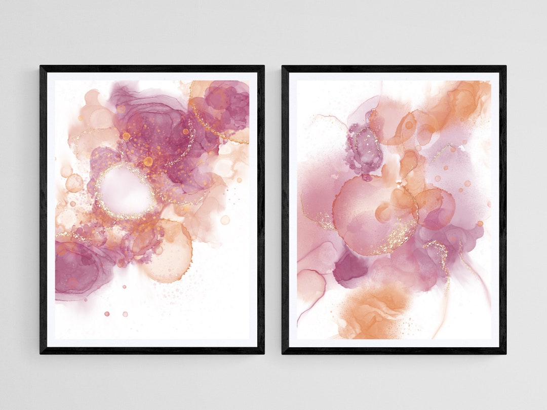 Set of 2 Purple and Orange Alcohol Ink Wall Art, Abstract Printable ...