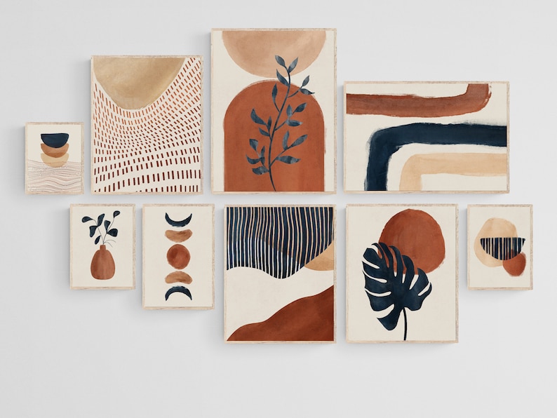 Modern Navy Terracotta Boho Gallery Wall Set of 9 Prints, Abstract ...