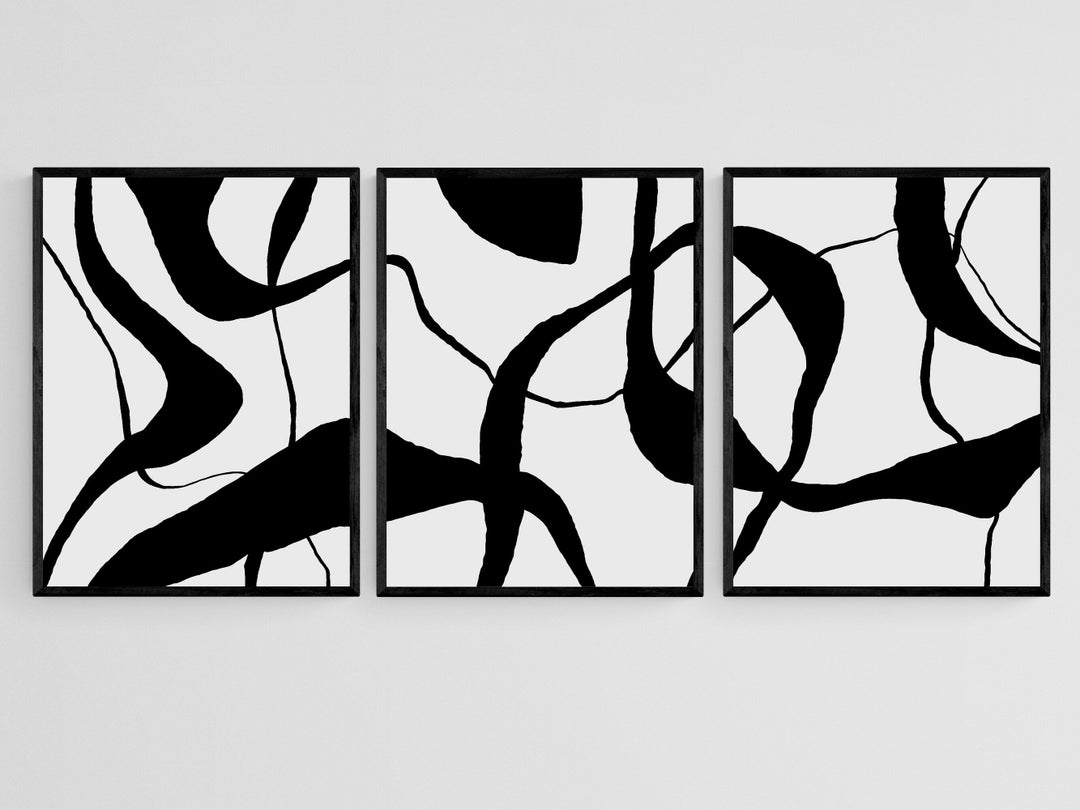 Black Abstract Art Prints Set of 3, Modern Black & White Minimalist ...