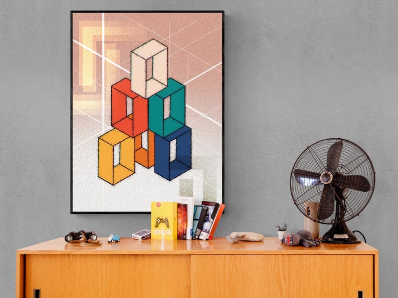 Retro Stacked Blocks Poster, Indie Room Decor Print, Printable Wall Art ...