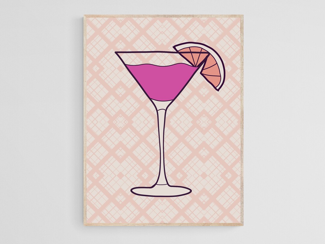 Cocktail Print, Pink Minimalist Cocktail Line Art, Bar Cart Art, Preppy ...