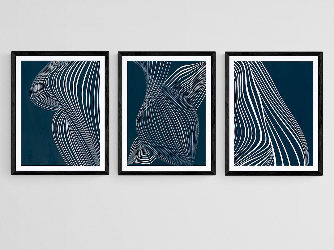 Dark Blue Art Prints, Minimalist Lines Art, Set of 3 Printable Art ...