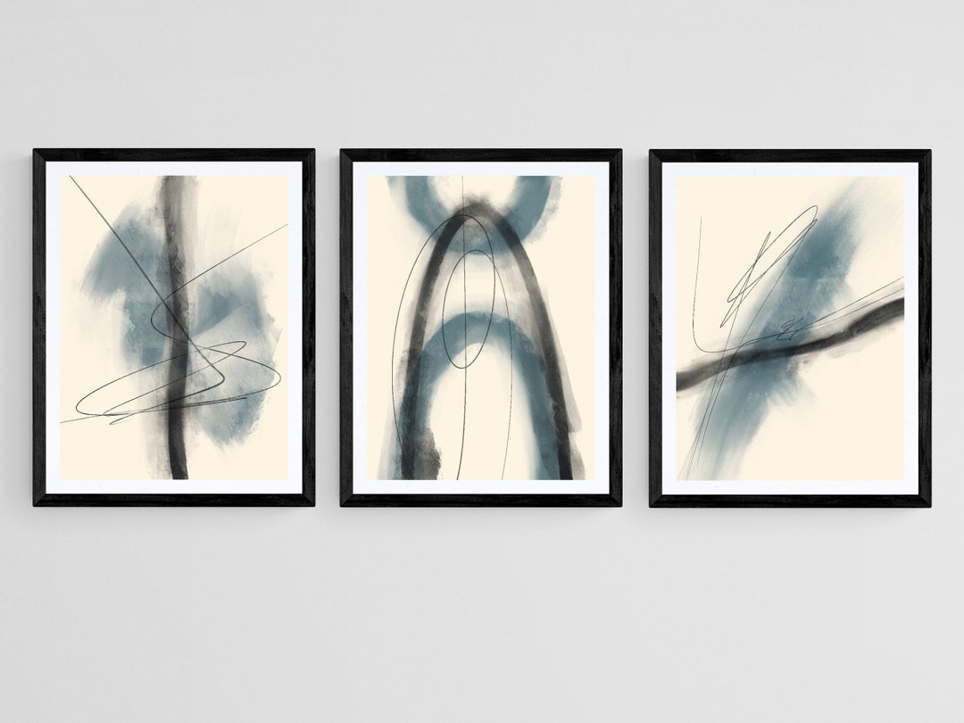 Moderne einfache neutrale blau und schwarze Wandkunst 3er-Set, moderne Linienzeichnung Kunst ...