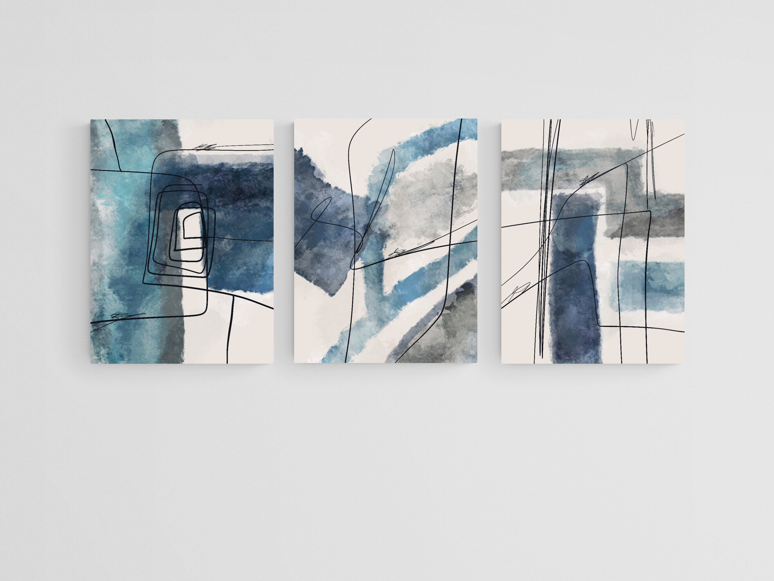 Modern Simple Blue Gray Gallery Wall Art Set of 3, Simple Abstract Art ...