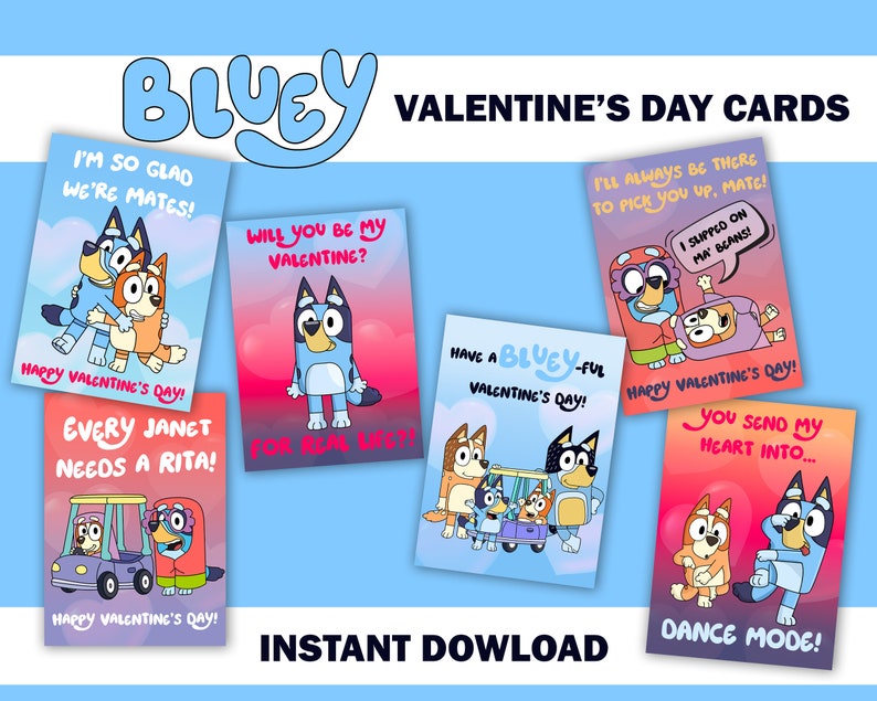 Bluey Valentine's Day Cards, Printable Instant Download, DIY Cards ...