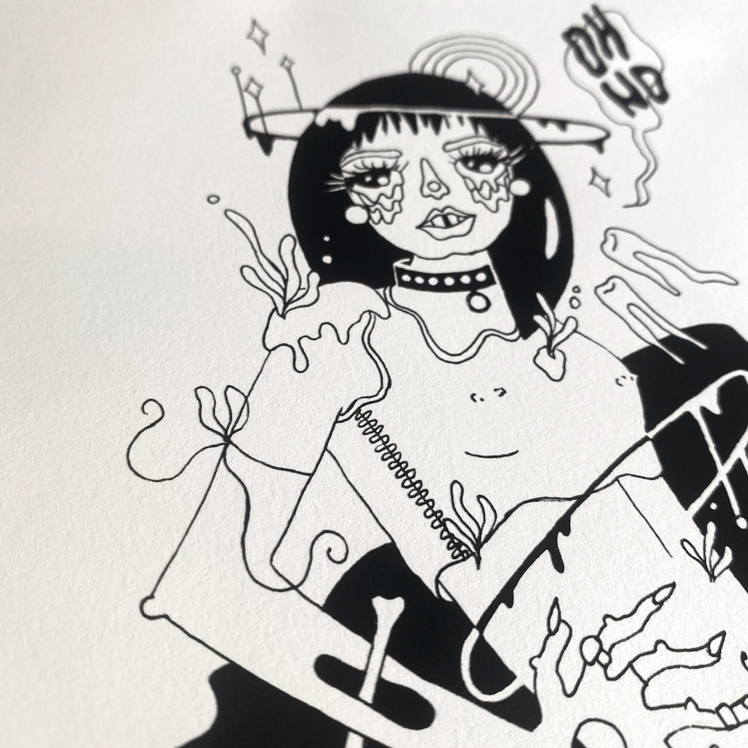 Drippy Black & White Girl Small Ink Pen Art Print, Illustration, Wall ...