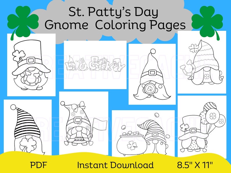 St. Patrick's Day Gnome Coloring Pages - Etsy