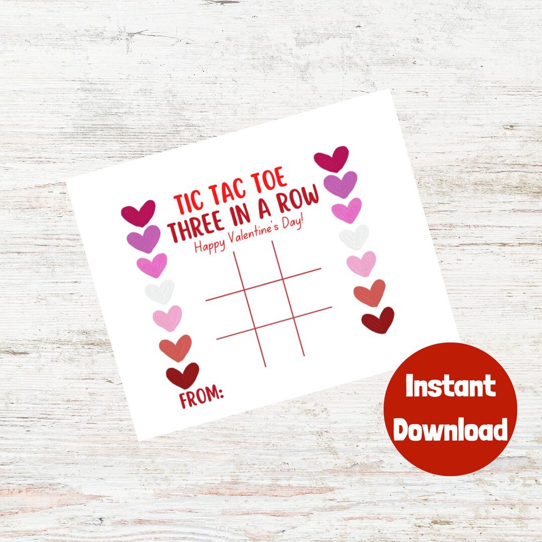 Printable Tic Tac Toe, Three in a Row, Valentine's Day Cards, Instant ...