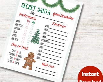 Office Gift Exchange Survey Form, Secret Santa Questionnaire for ...