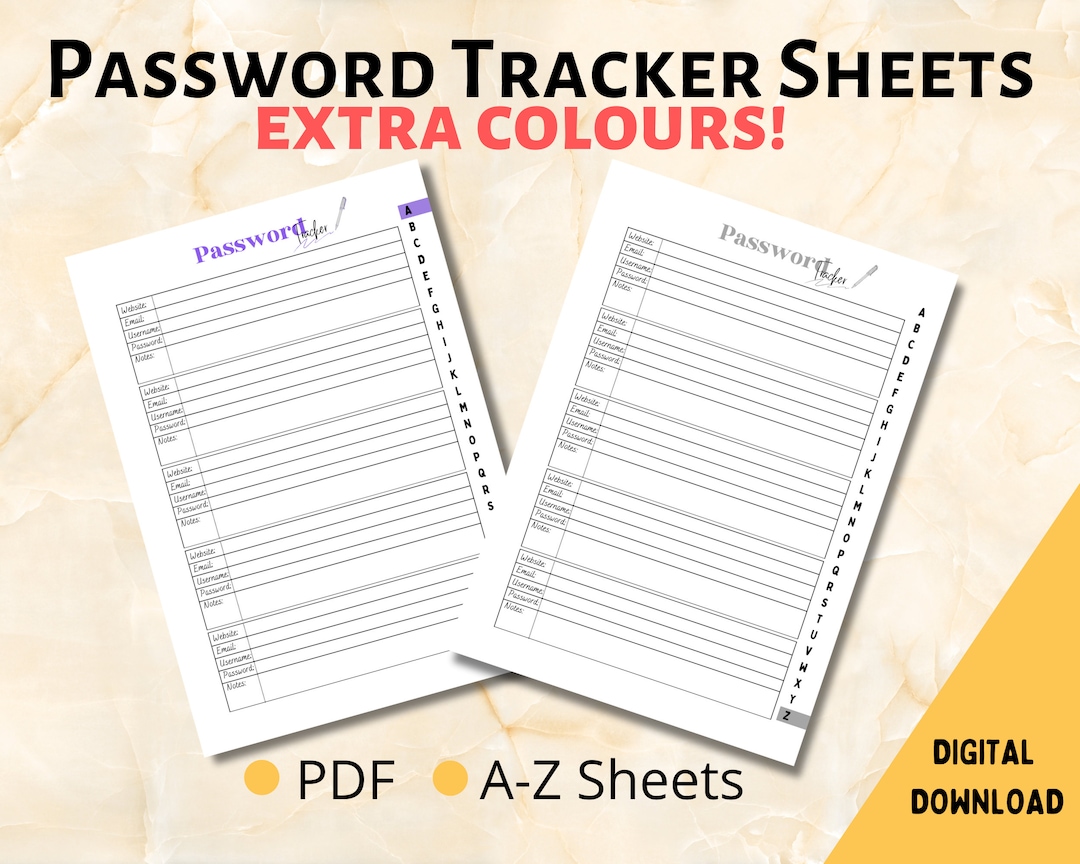 Password Tracker PDF Printable Sheets Extra Colours, Password Insert ...