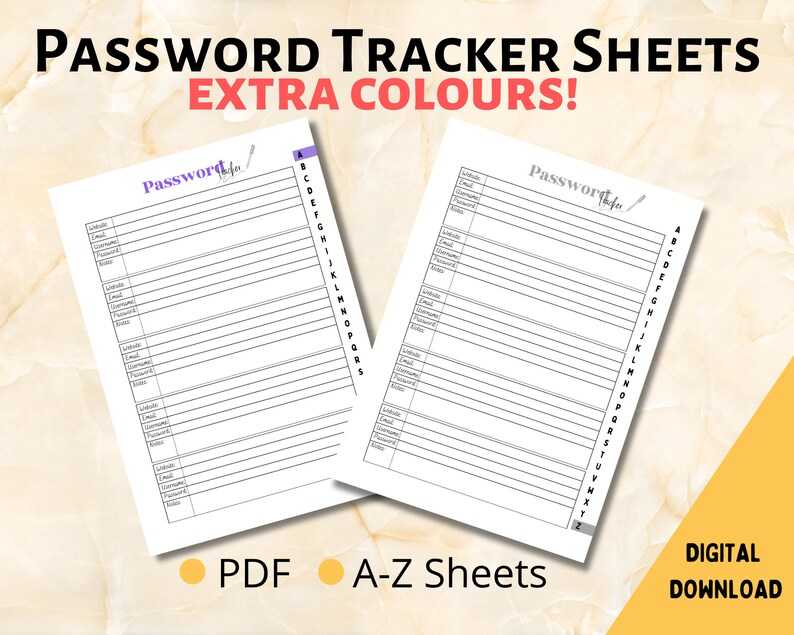 Password Tracker PDF Printable Sheets Extra Colours, Password Insert ...