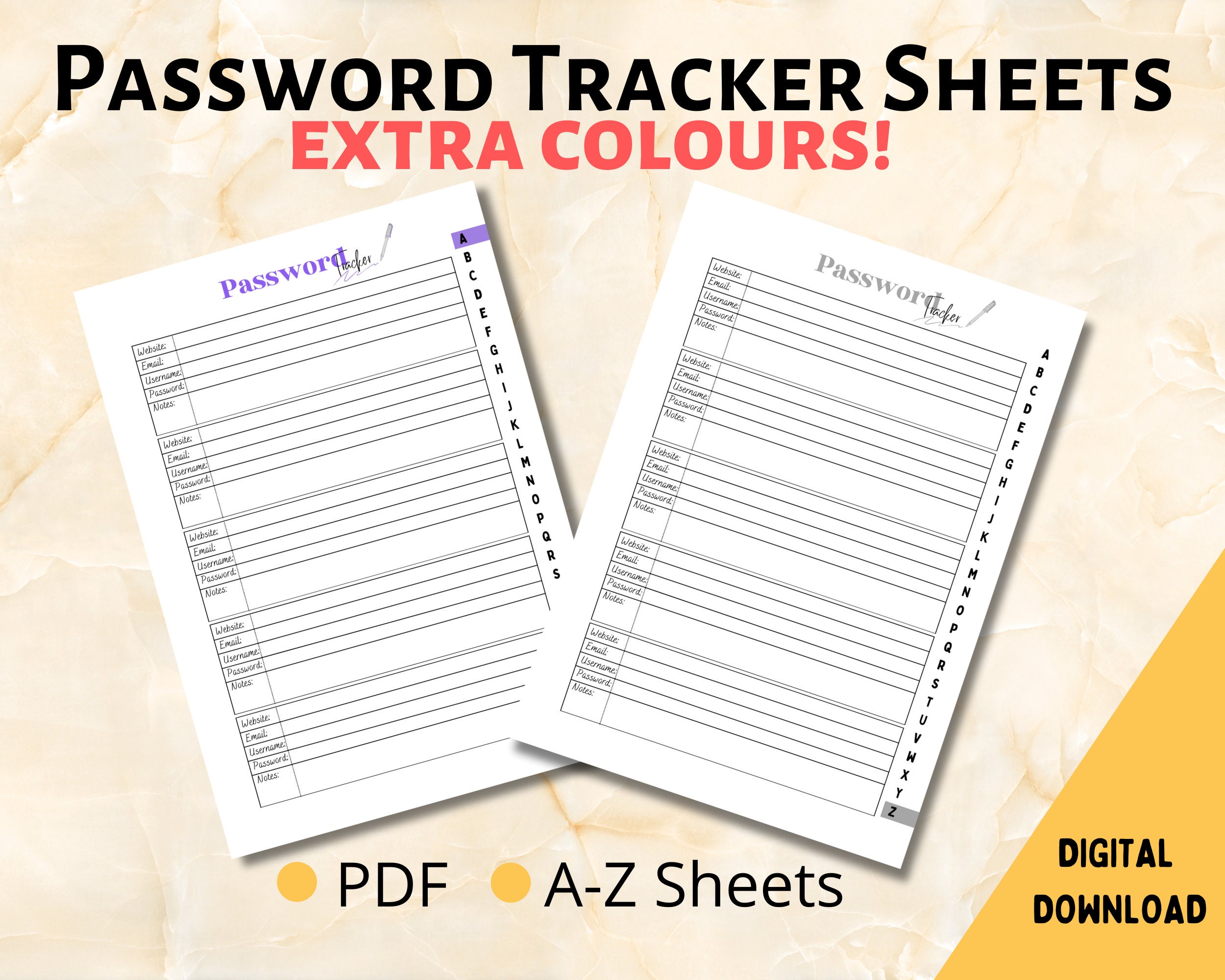 Password Tracker PDF Printable Sheets Extra Colours, Password Insert ...