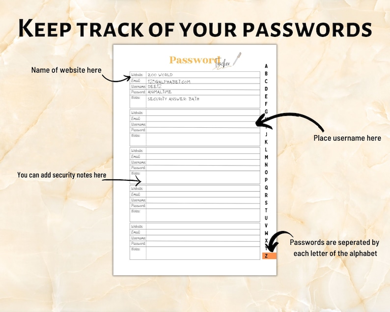 Password Tracker PDF Printable Sheets, Password Insert Template ...