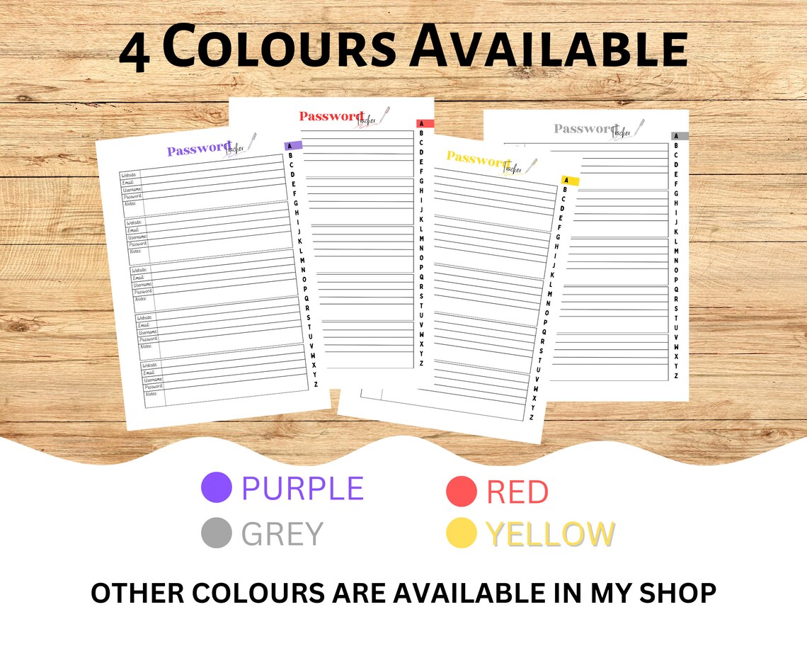Password Tracker PDF Printable Sheets Extra Colours, Password Insert ...