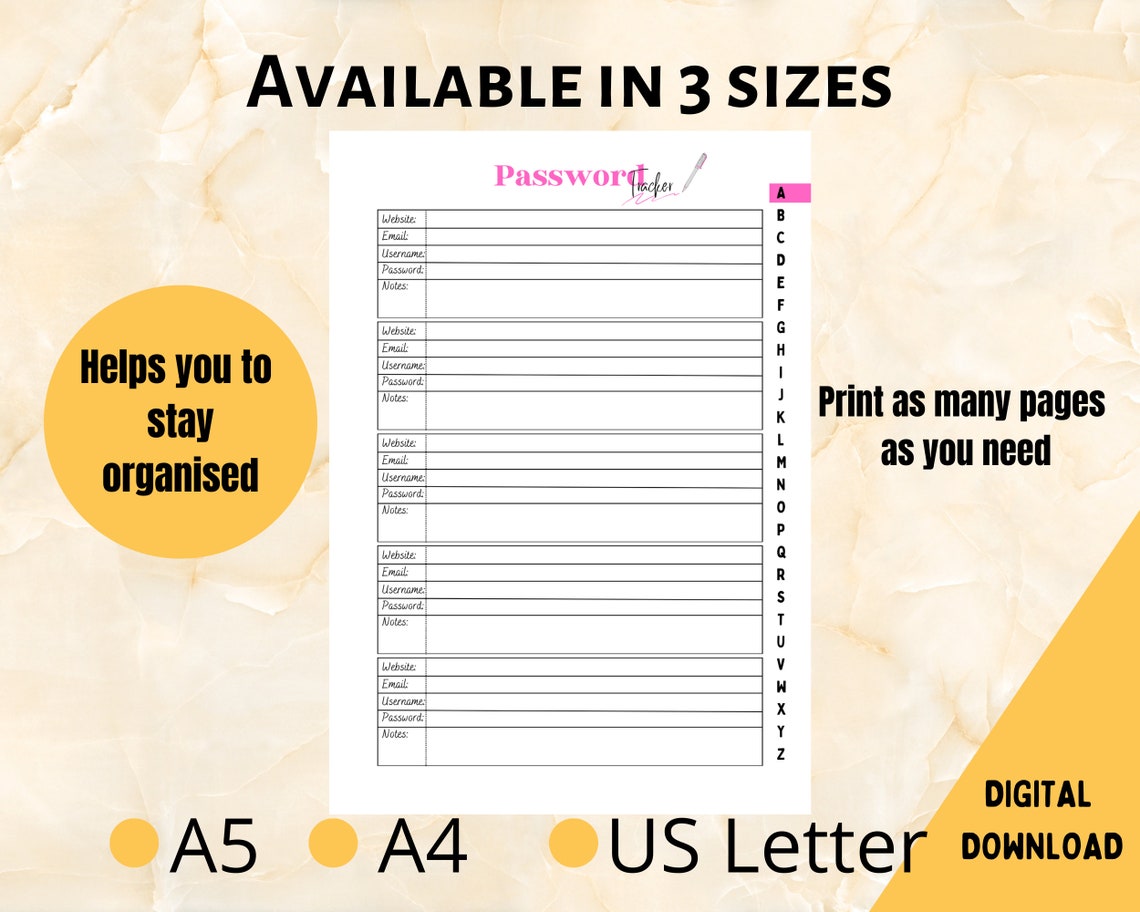 Password Tracker PDF Printable Sheets, Password Insert Template ...