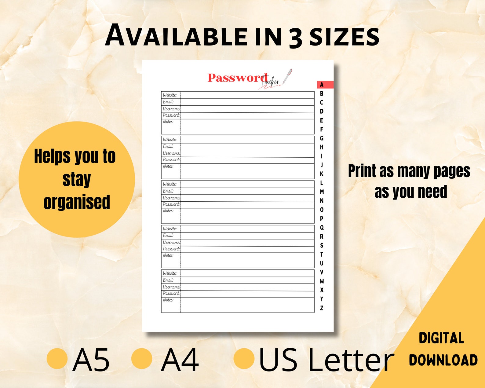 Password Tracker PDF Printable Sheets Extra Colours, Password Insert ...