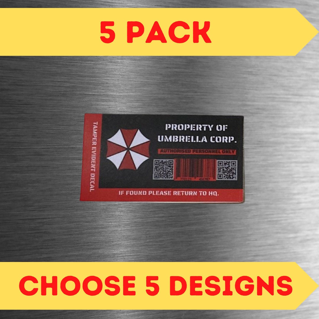 5 STICKER VALUE PACK Umbrella Corp Style Asset Tag Movie Prop Replica 5 ...