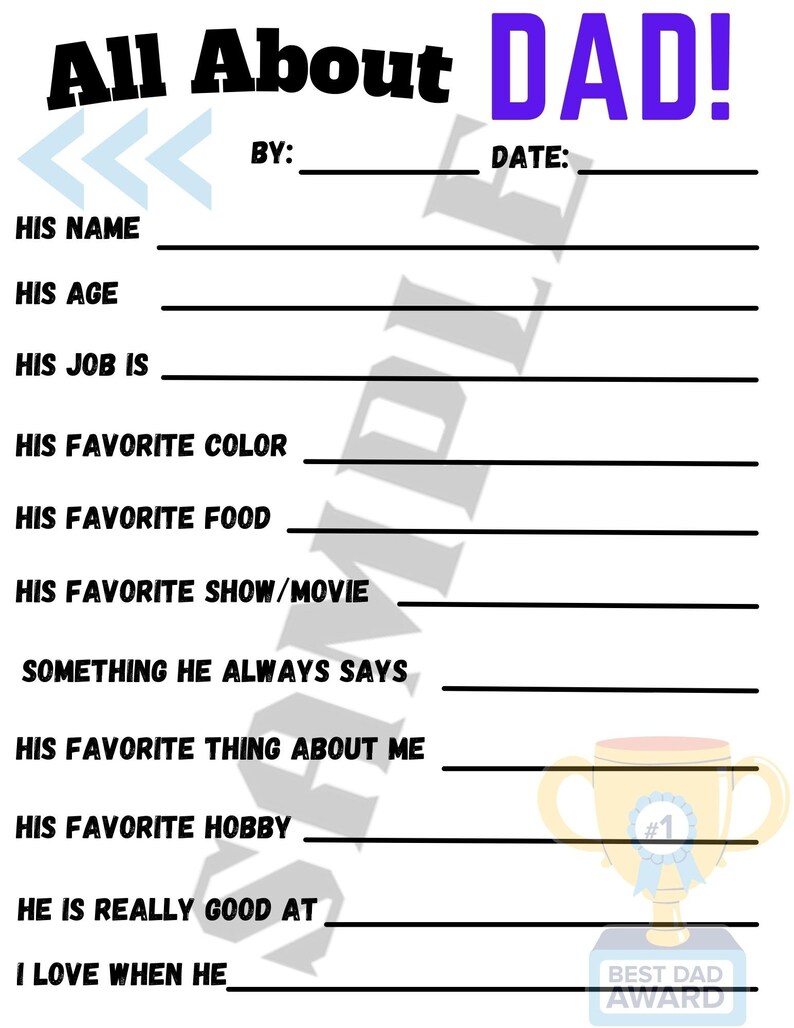 All About Dad Kid's Questionnaire Worksheets for - Etsy