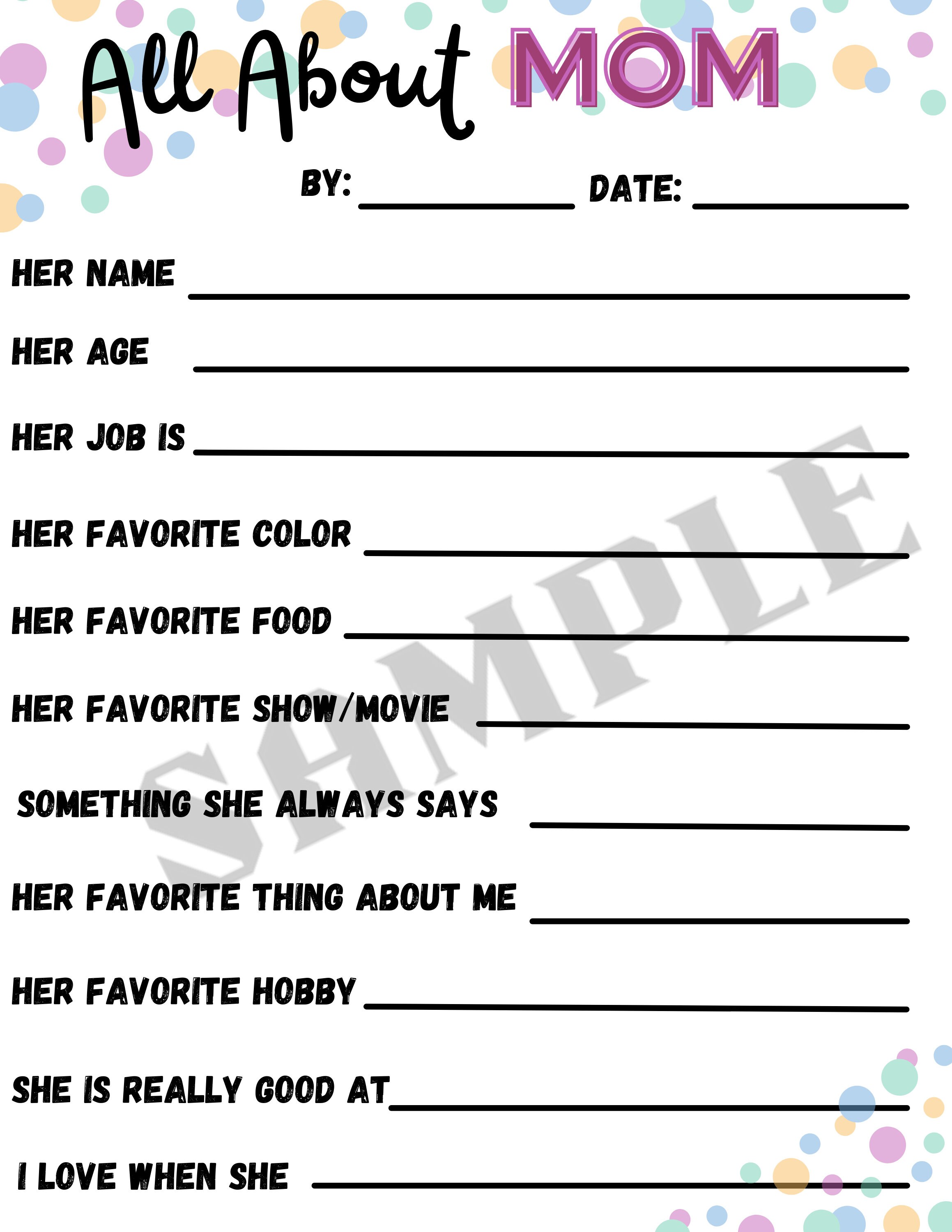 All About Mom Kid Questionnaire Worksheets for Mother's Day or Birthday ...