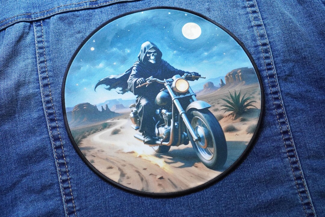 Grim Reaper Biker Patch, Large Iron on Backpatch for Coats & Jackets, Skeleton Motorbike Back ...