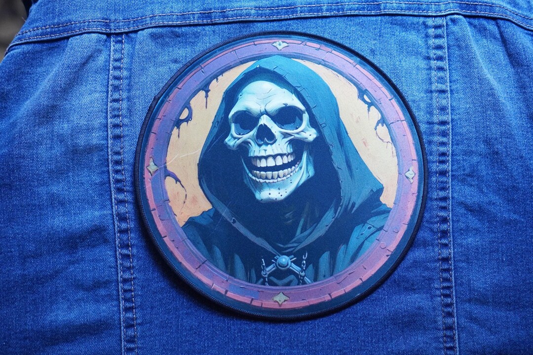 Laughing Grim Reaper Iron on Jacket Backpatch, Large Back Patch for Coats & Jackets, Heavy Metal ...