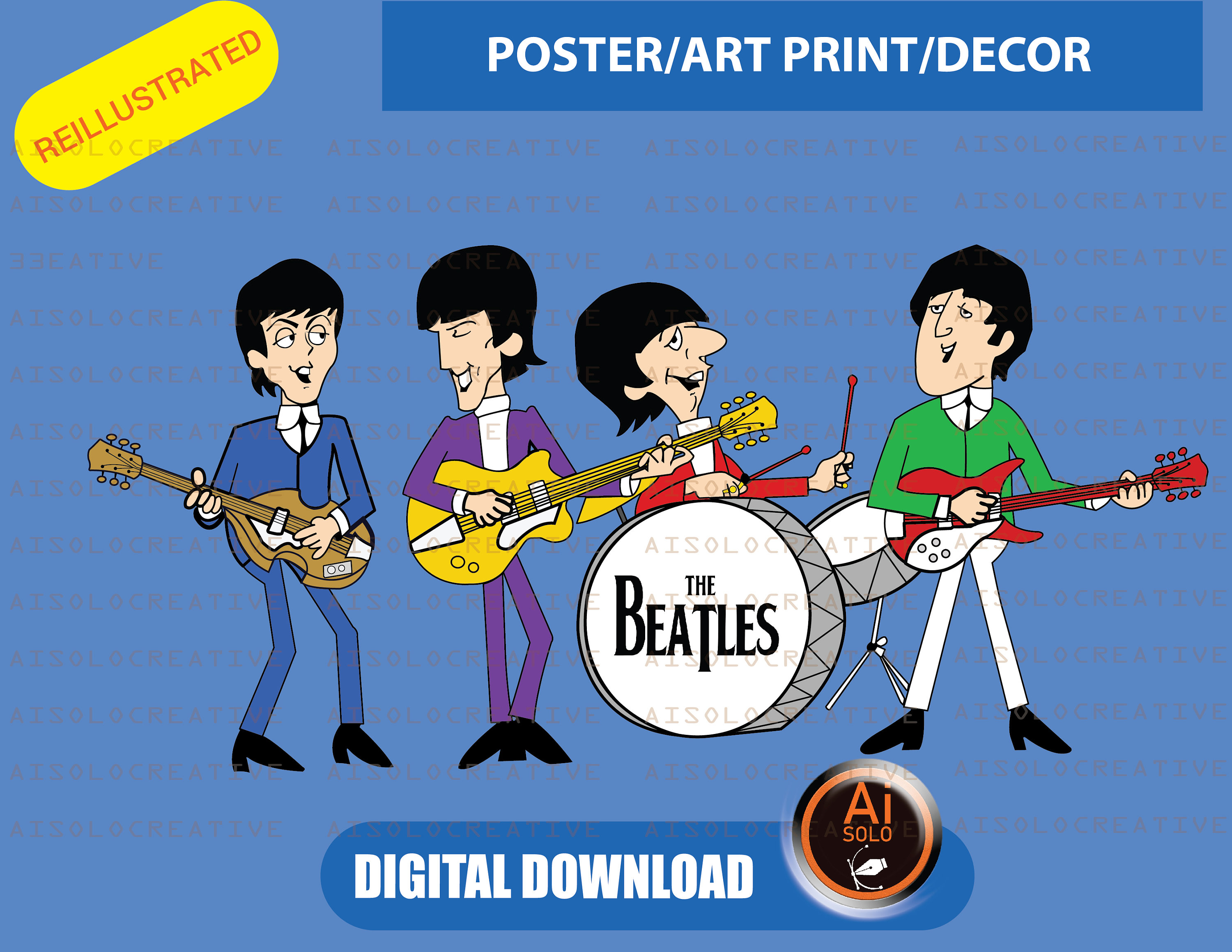 REILLUSTRATED PRINT ART the Beatles Cartoon, Poster,art Print , Decor ...