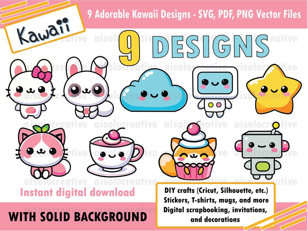 Adorable Kawaii Characters - 9 Cute Designs in SVG, PDF, PNG Formats - Etsy