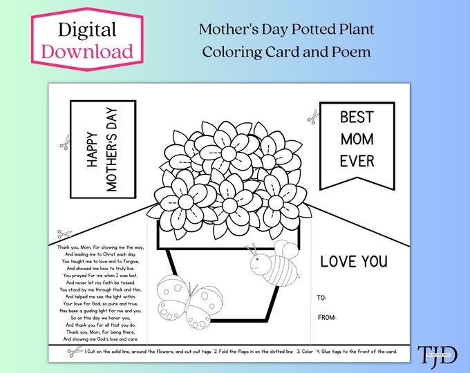 Mother's Day Card Activity Sunday School Craft for Mom Coloring Potted ...
