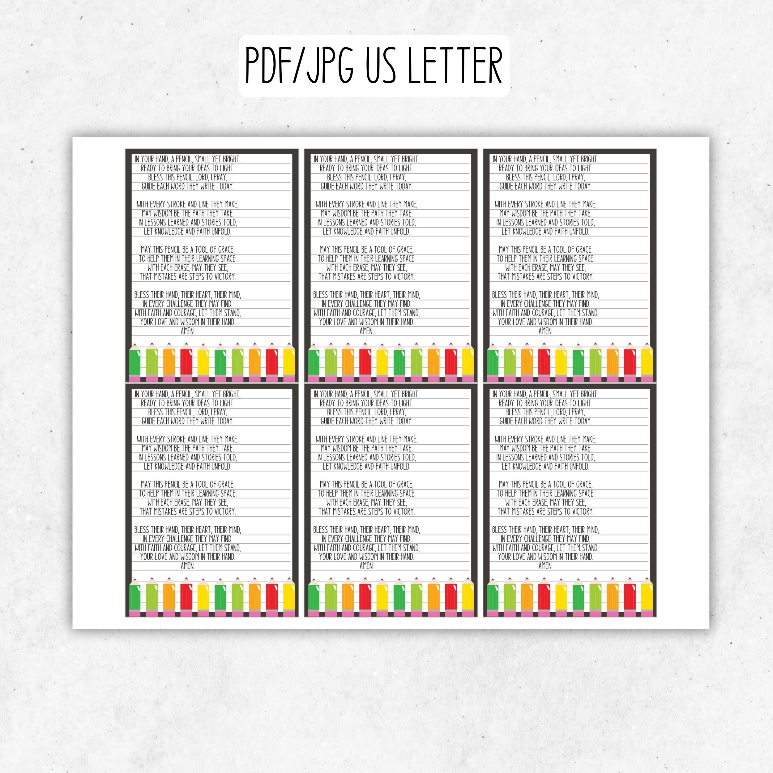 Pencil Prayer Card, Back to School Gift, Sunday School Printable ...