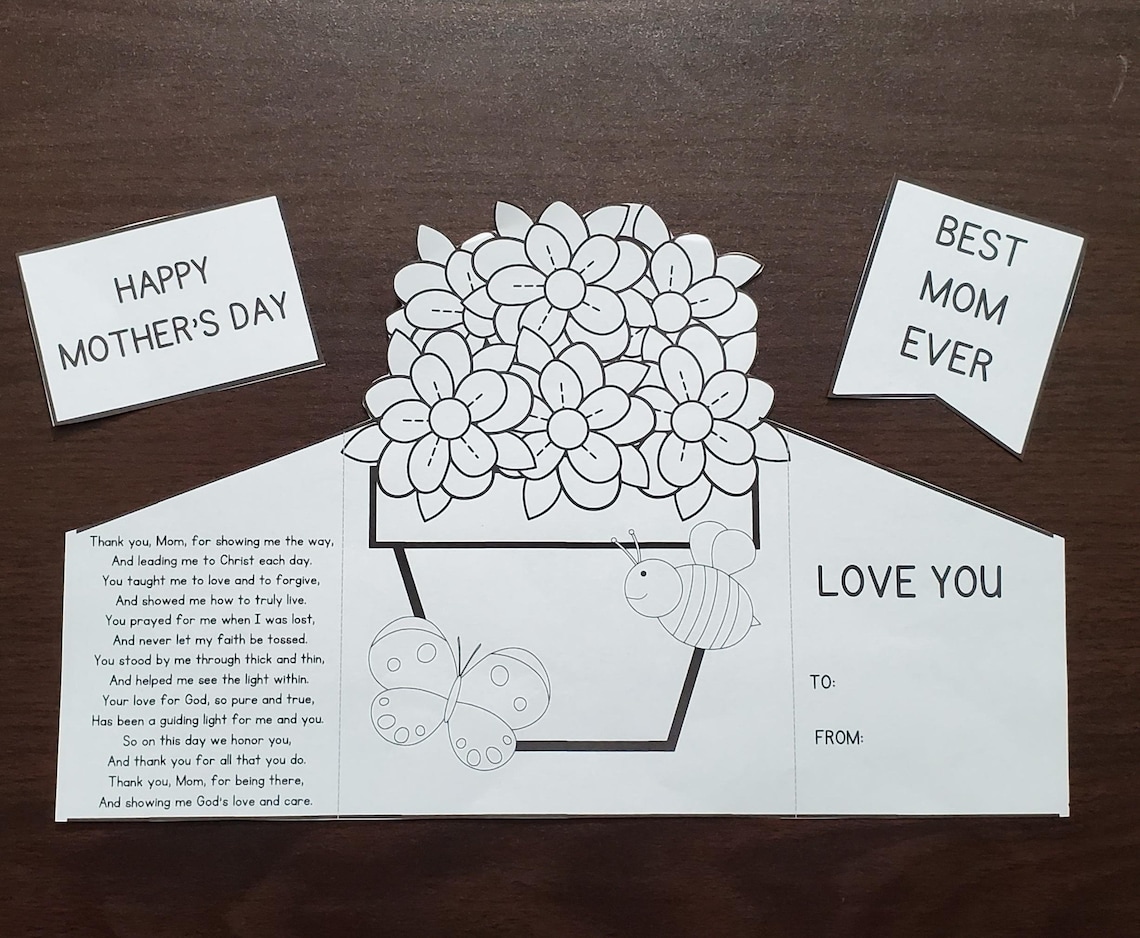 Mother's Day Card Activity Sunday School Craft for Mom Coloring Potted ...