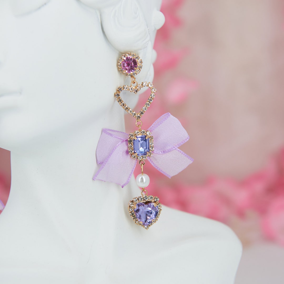 Lolita Statement Purple Crystals and Bows Earrings Royalcore Bridgerton ...