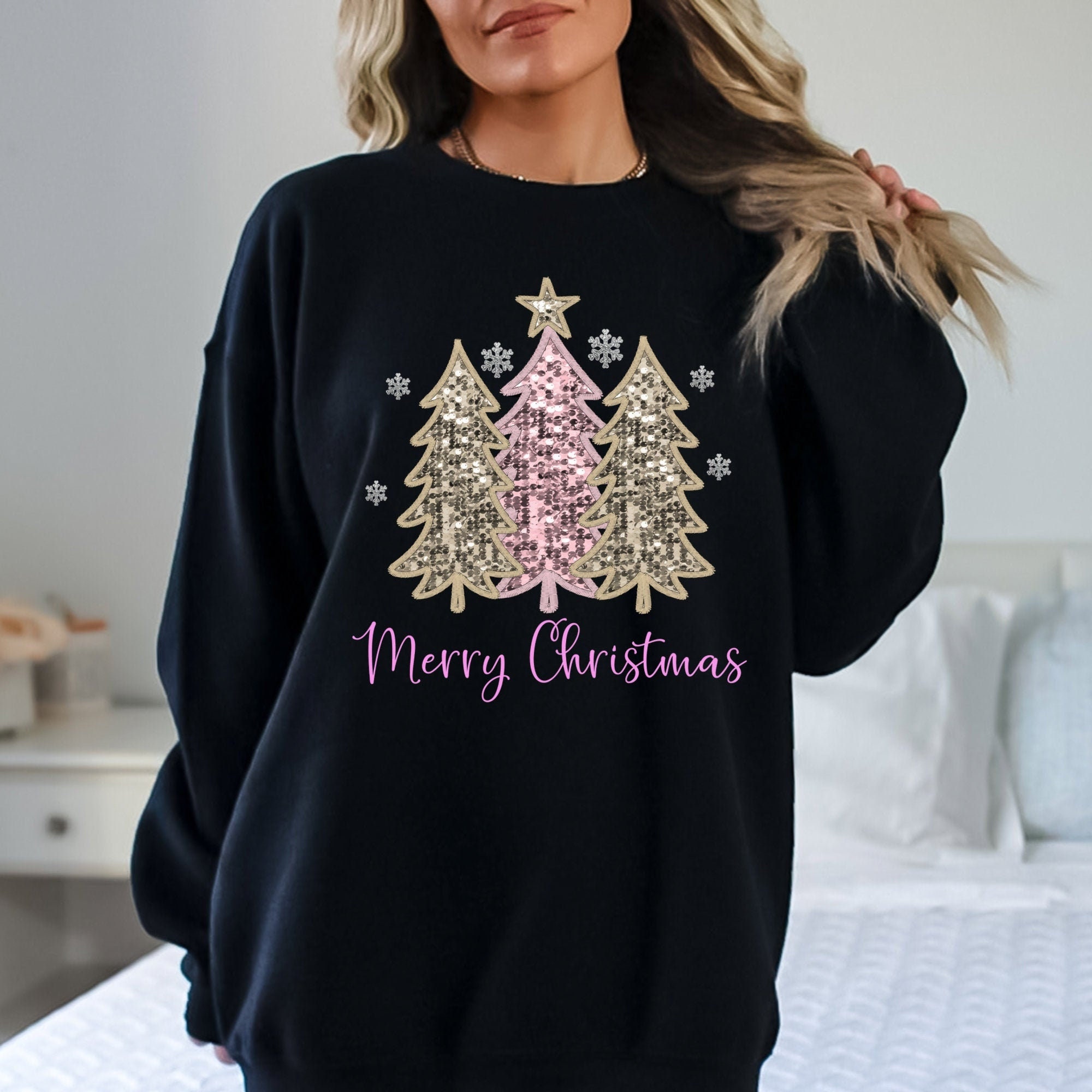 Christmas Sweat Shirt Christmas Trees Pink Beautiful Christmas Sweater ...