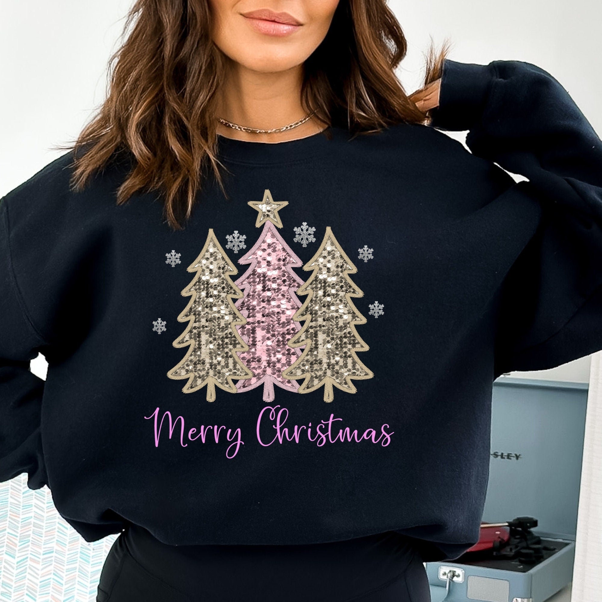 Christmas Sweat Shirt Christmas Trees Pink Beautiful Christmas Sweater ...