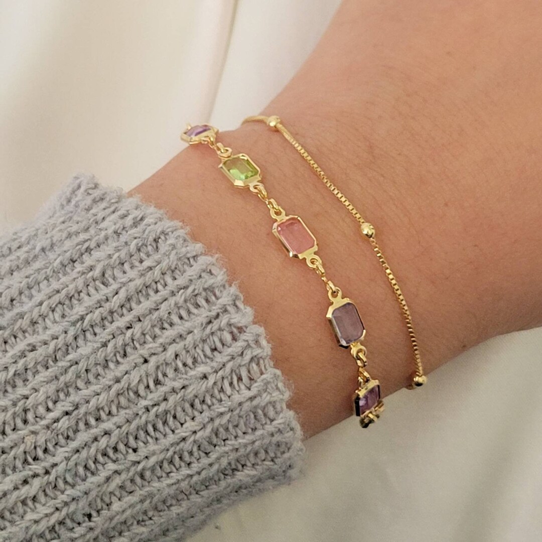 18k Gold Filled Gemstone Chain Bracelet, Gold Layering Bracelet, Gift ...