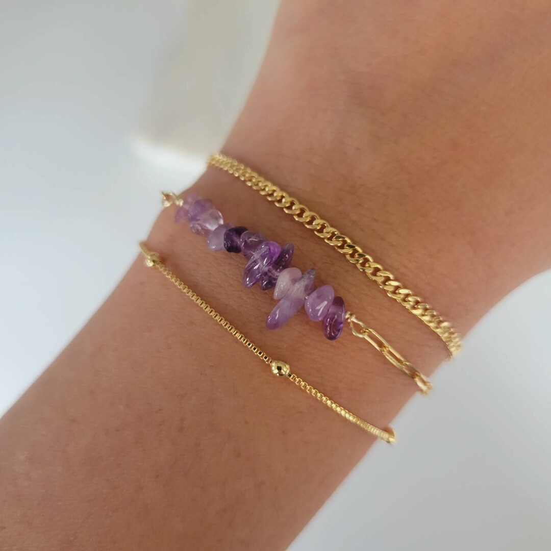 18k Gold Filled Amethyst Gold Bracelet Set, Raw Crystal, Amethyst ...