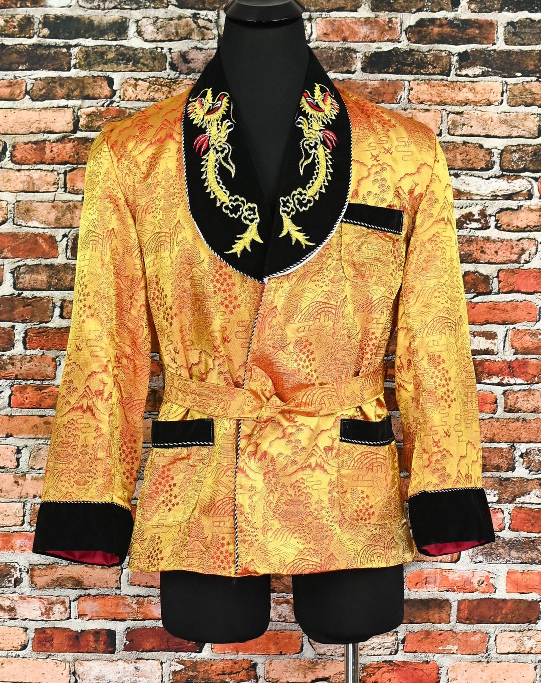 RARE Vintage 50s Men's Gold & Red Chinese Silk Brocade Smoking Jacket W ...