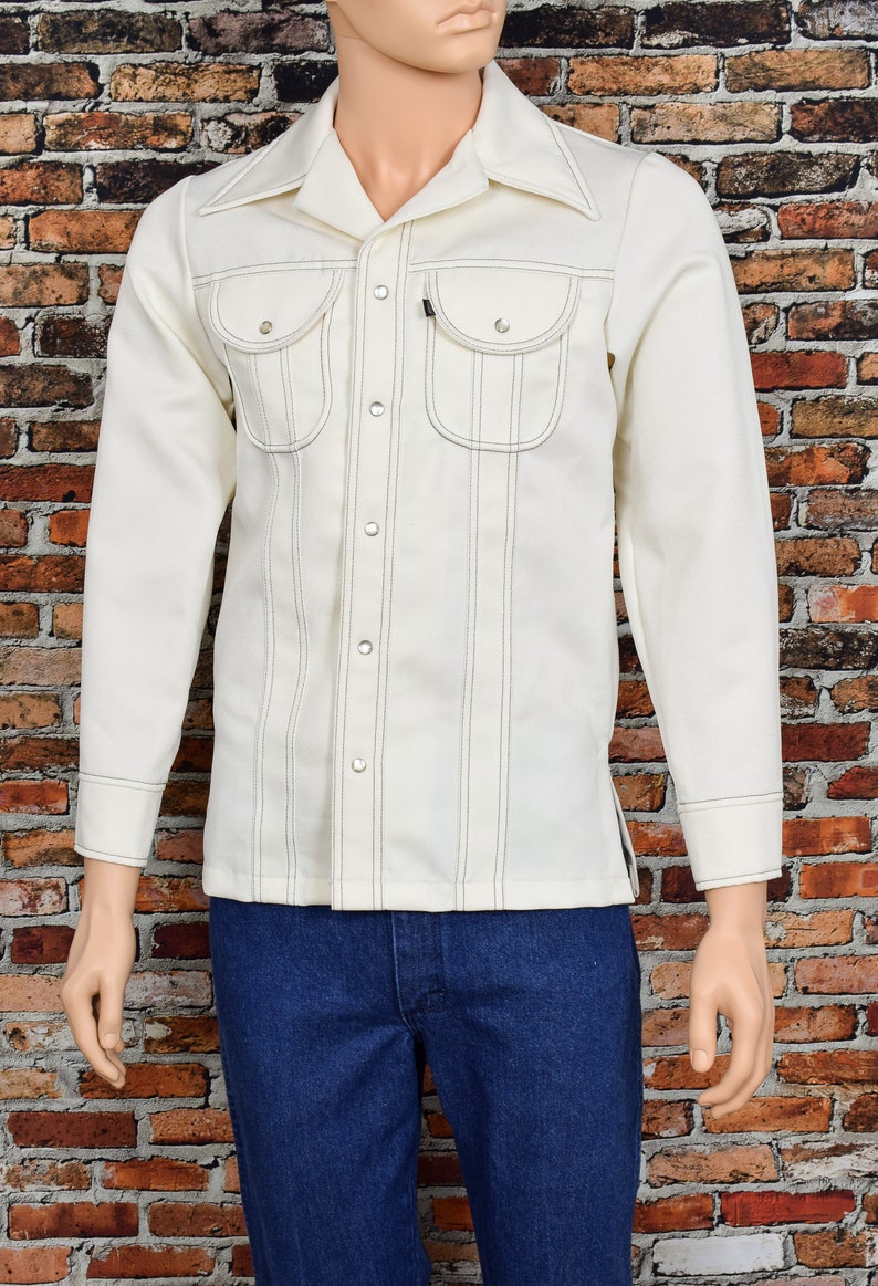 Vintage Men's 70s Levi's Panatela Tops White Long Sleeve Snap Button up ...