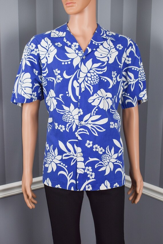 Vintage Men's 70s Kai Nani Blue Hawaiian Floral Made … - Gem