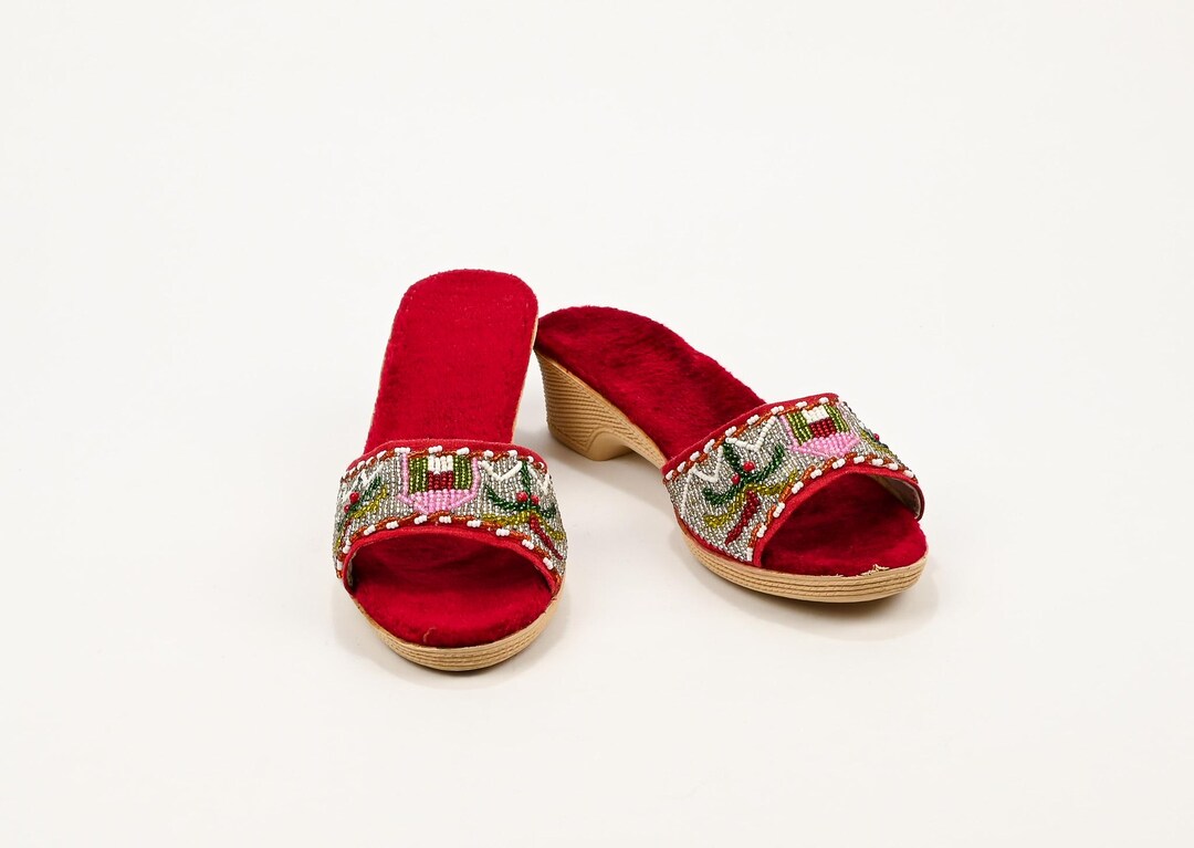 Vintage 50s/60s Tropical Beaded Peep Toe Red Faux Fur Mules House Shoes ...