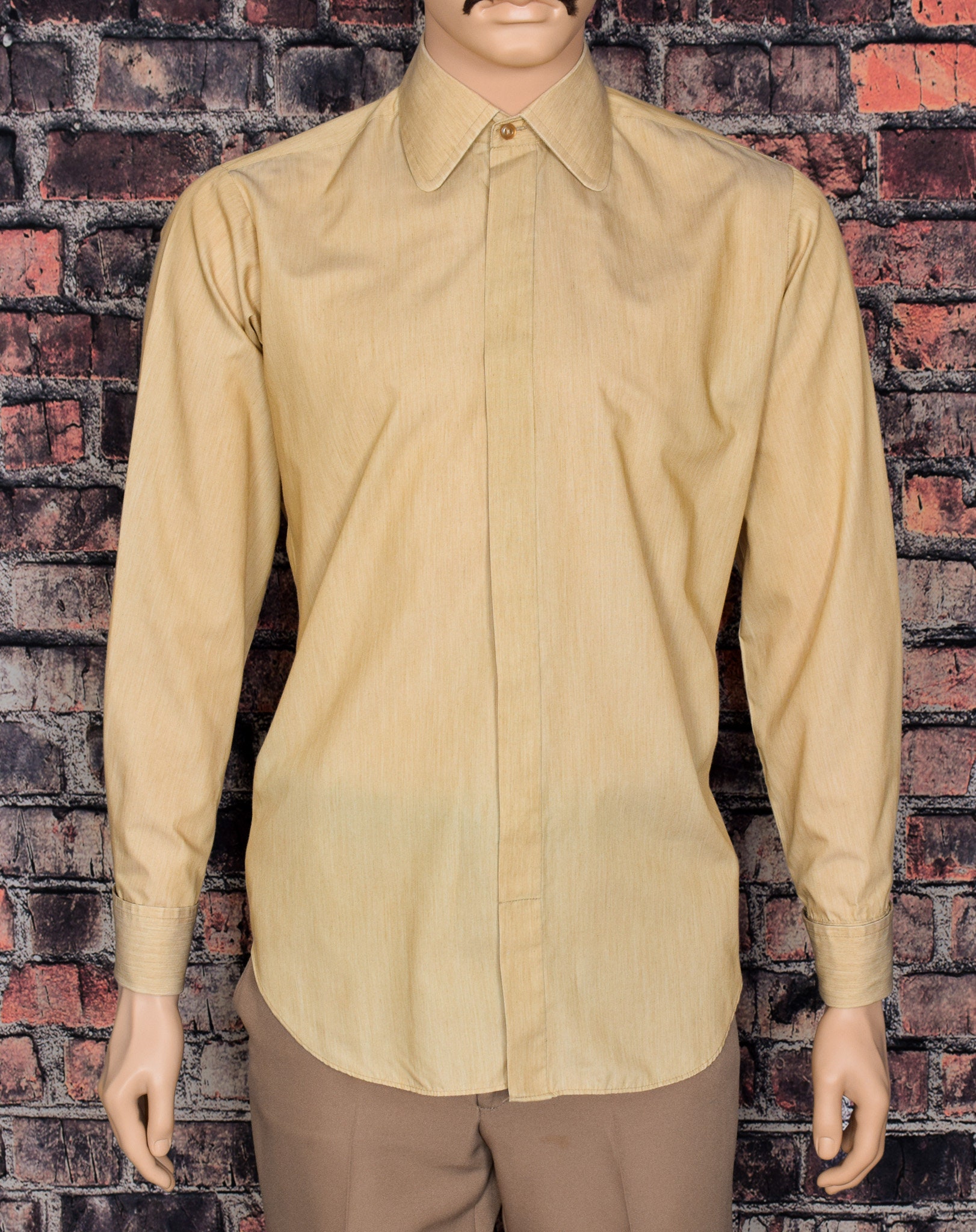 Vintage Men's 70s St. Michael Tan Long Sleeve Hidden Button up Dacron ...